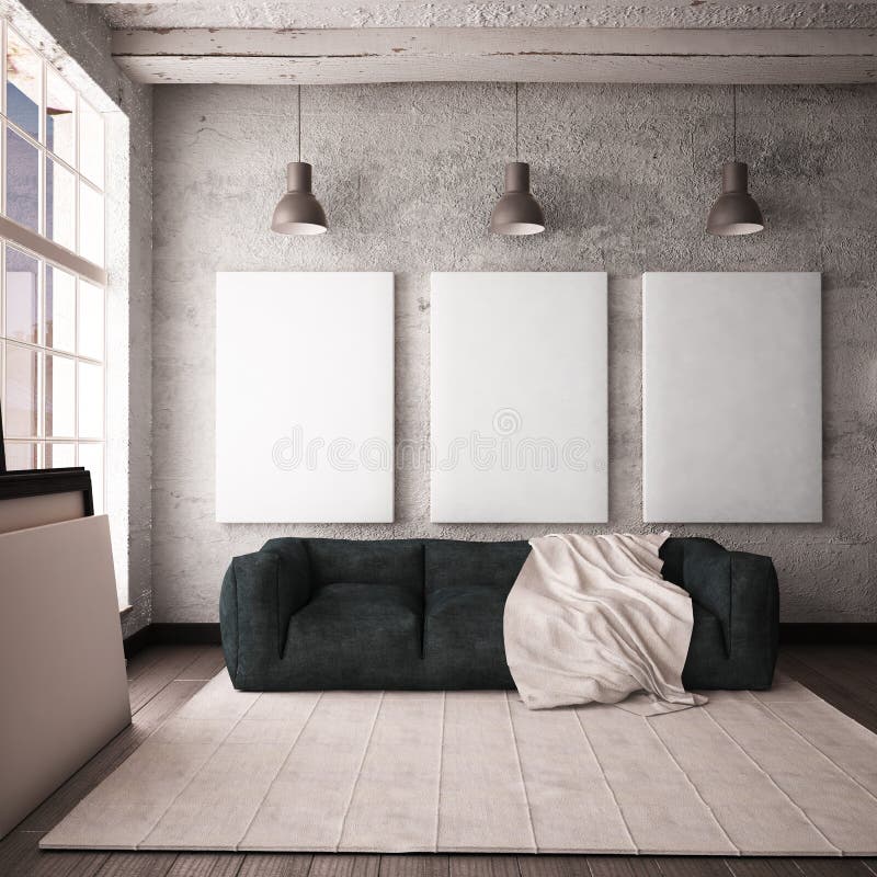 Interior with a Window in the Loft-style with Posters and Paintings ...