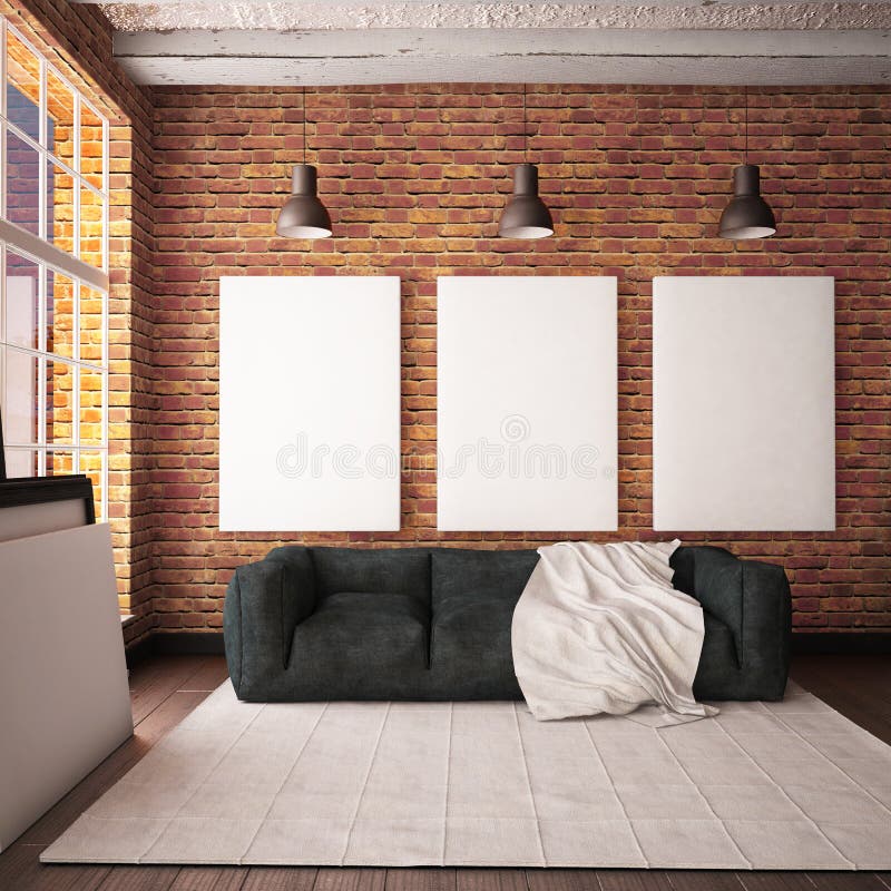 Interior with a Window in the Loft-style with Posters and Paintings ...