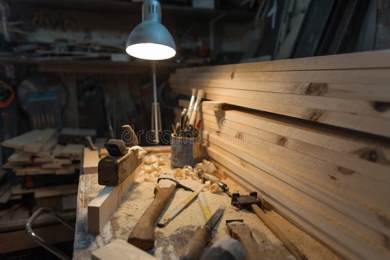 Interior of the Wood Workshop. Carpenter`s Work Table with Tool Stock ...