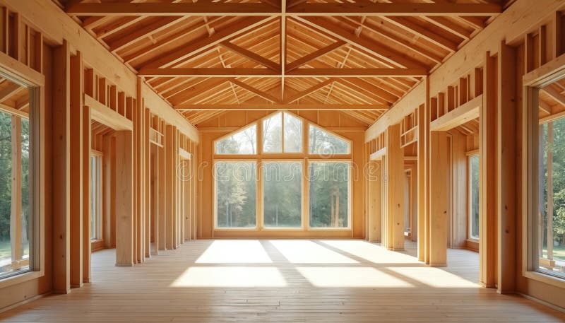 Interior Wooden House Frame Under Construction. Post, Beam Framework ...