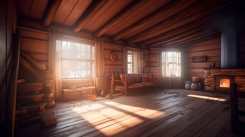 Interior of a Wooden House in the Rays of the Sun. Stock Illustration ...