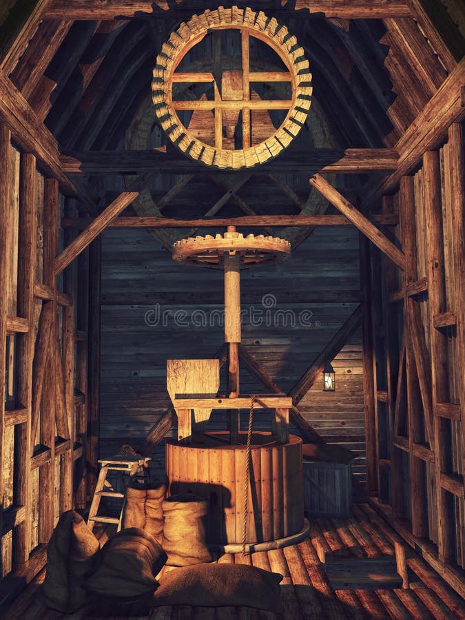 Interior of a wooden mill stock illustration. Illustration of lamp ...