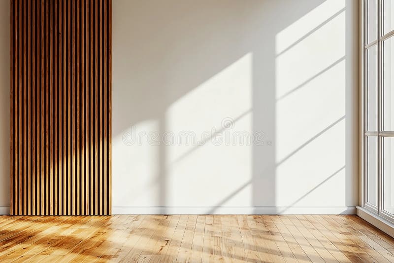 Interior with Wooden Slats and White Plaster Wall for Web Banner Design ...