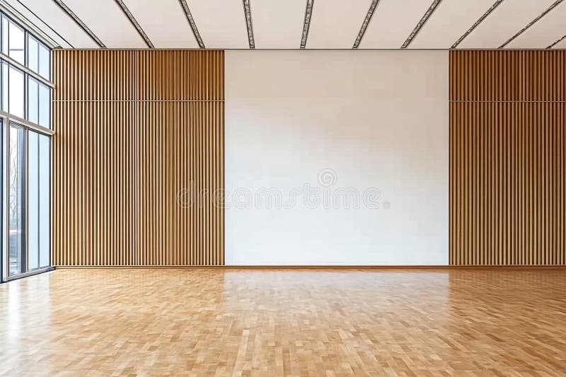 Interior with Wooden Slats and White Plaster Wall for Web Banner Design ...