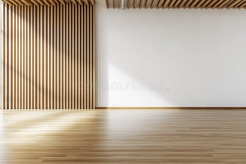 Interior with Wooden Slats and White Plaster Wall for Web Banner Design ...