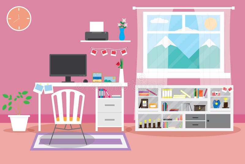 Interior Work Place Design with Computer and Accessory Design.vector ...