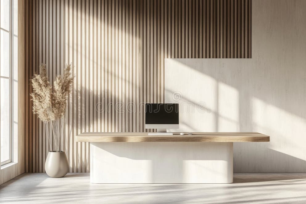 Interior of a Workplace with a Table and Computer Set on a Parquet ...