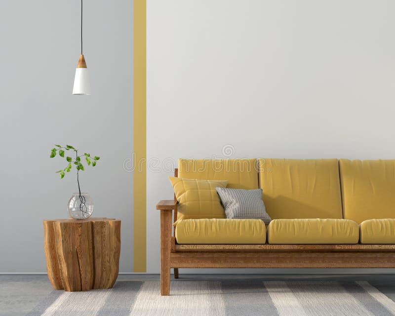 Yellow Sofa and Wooden Table in Living Room Interior with Plant,white ...