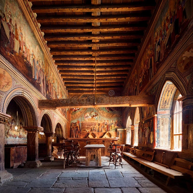 Interiors of a Medieval Inn, with Frescoes, AI Generated Stock ...