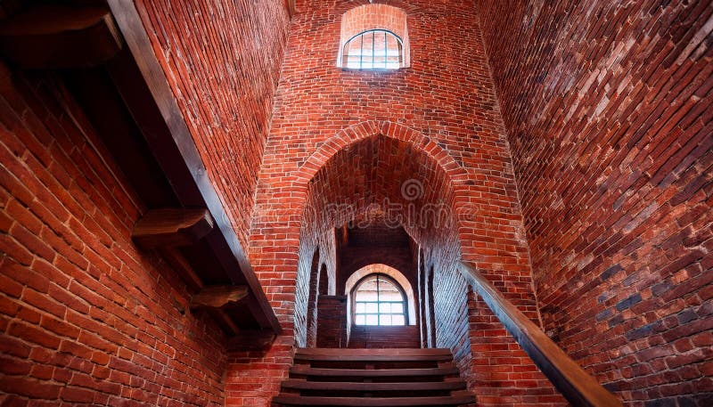 Interiors of a Medieval Red-brick Castle Tower, Detail of the Stairs ...
