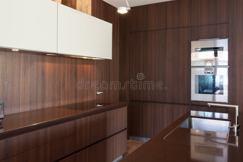 Interiors, Wooden Kitchen Modern Design Stock Photo - Image of interior ...