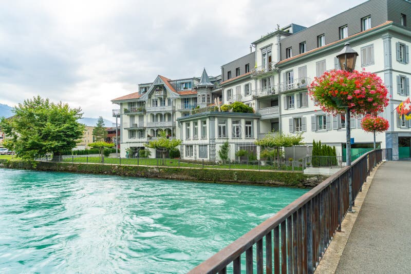 Interlaken Town with Thunersee River, Switzerland Stock Photo - Image ...