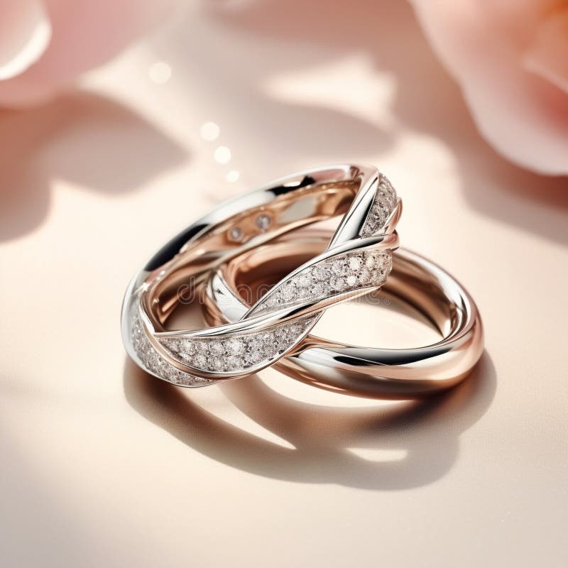 Interlocked Wedding Rings with Platinum and Diamond Bands on Rose ...