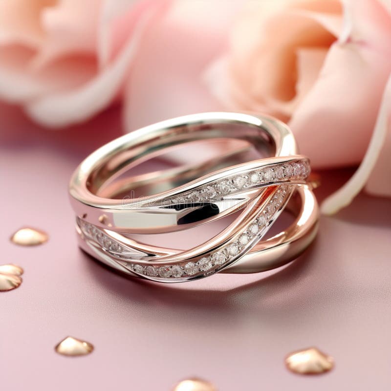 Interlocked Wedding Rings with Platinum and Diamond Bands on Rose ...