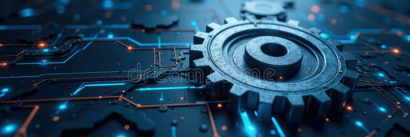 Interlocking Cogs, Glowing Blue Lines, Gray Tech Backdrop Sleek ...
