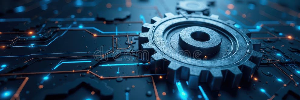 Interlocking Cogs, Glowing Blue Lines, Gray Tech Backdrop Sleek ...