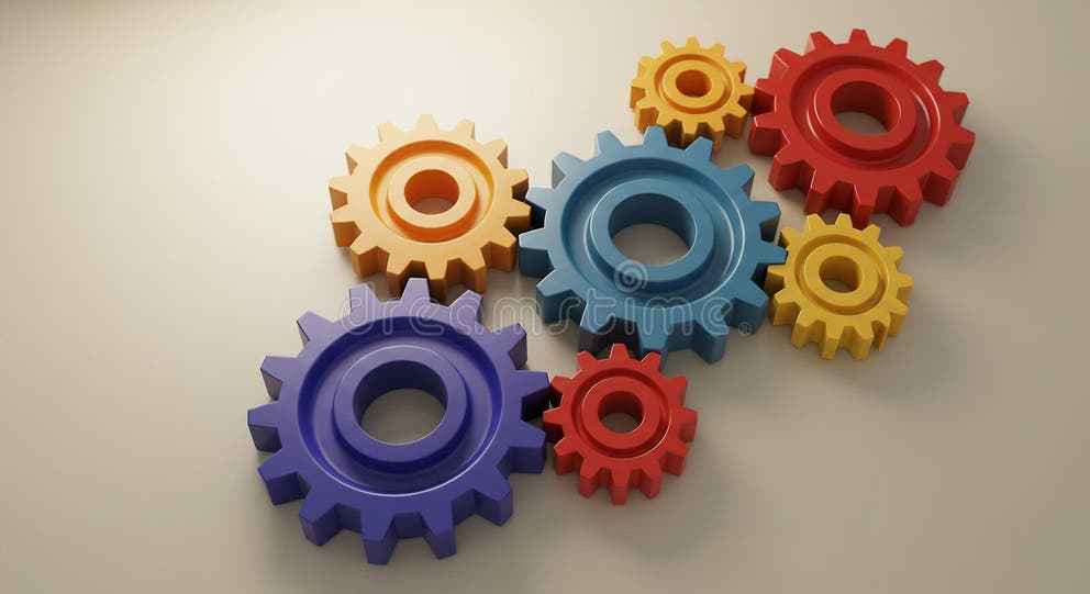 Interlocking, Colorful Gears in Various Sizes are Arranged on a Light ...