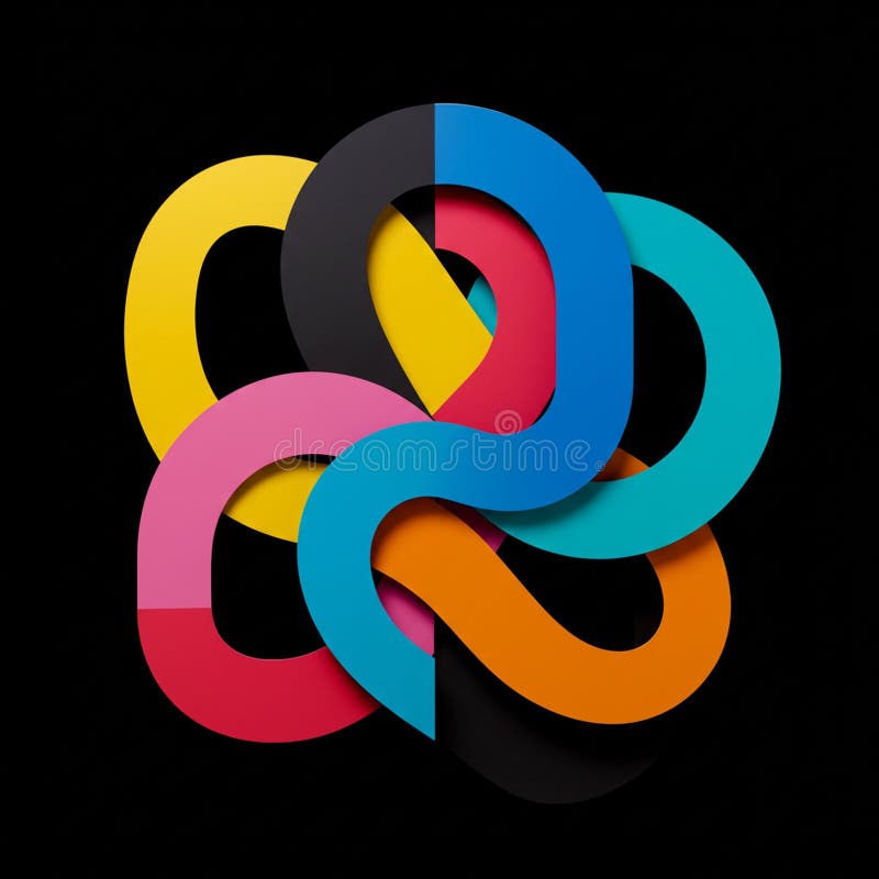 Interlocking Curved Shapes Form a Symmetrical Design Against a Black ...