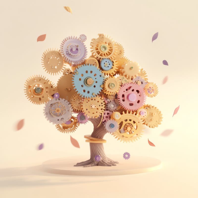 Interlocking 3D Abstract Gears and Tree Branches Symbolizing Innovation ...