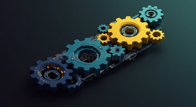 Interlocking Gears in Blue and Yellow Create a Complex Mechanical ...