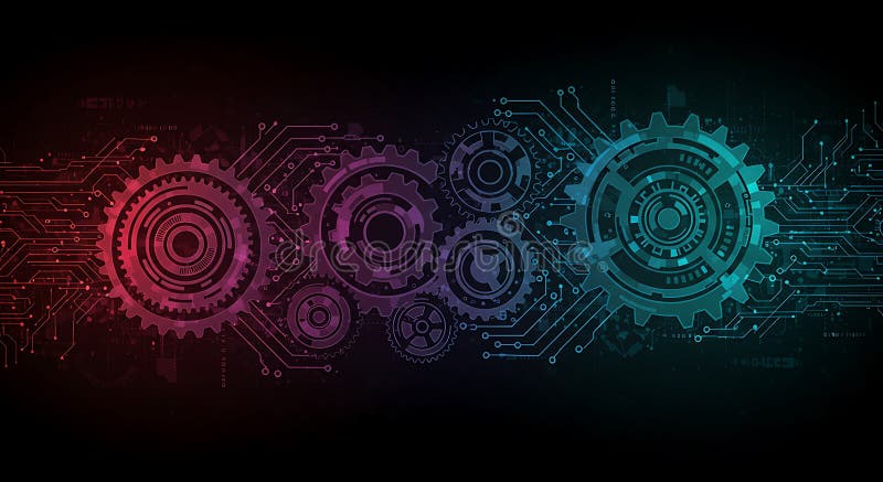 Interlocking Gears on a Dark Background with a Digital Circuit Pattern ...