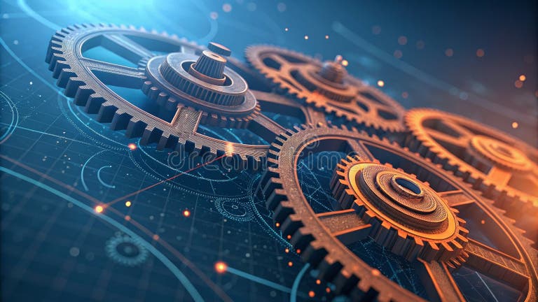 Interlocking Gears a Digital Composition of Bronze Cogs on a Tech ...