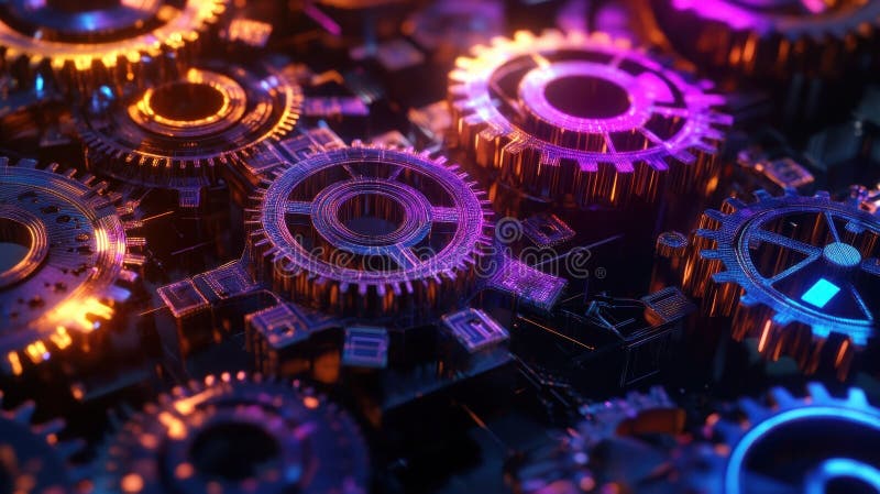 Interlocking Gears Rotating in Complex Mechanism with Neon Lights Stock ...
