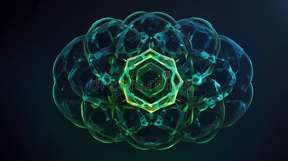 Interlocking Hexagons with Glowing Nucleus in Green and Blue Geometric ...