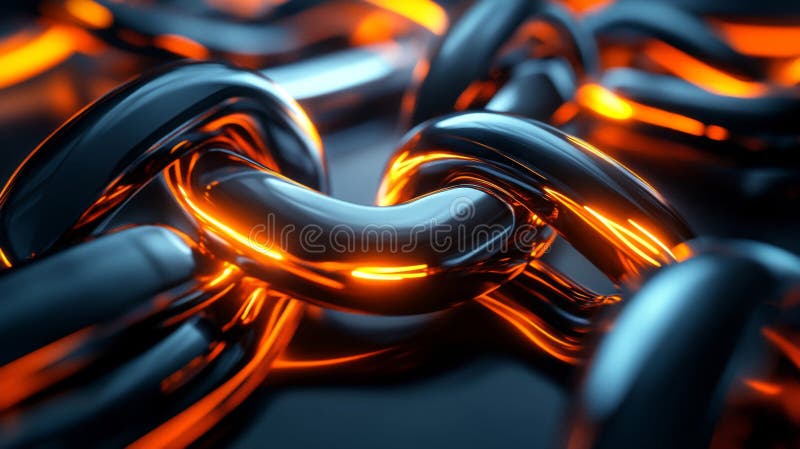 Interlocking Metal Chain Links Glowing with Orange and Blue Hues Stock ...