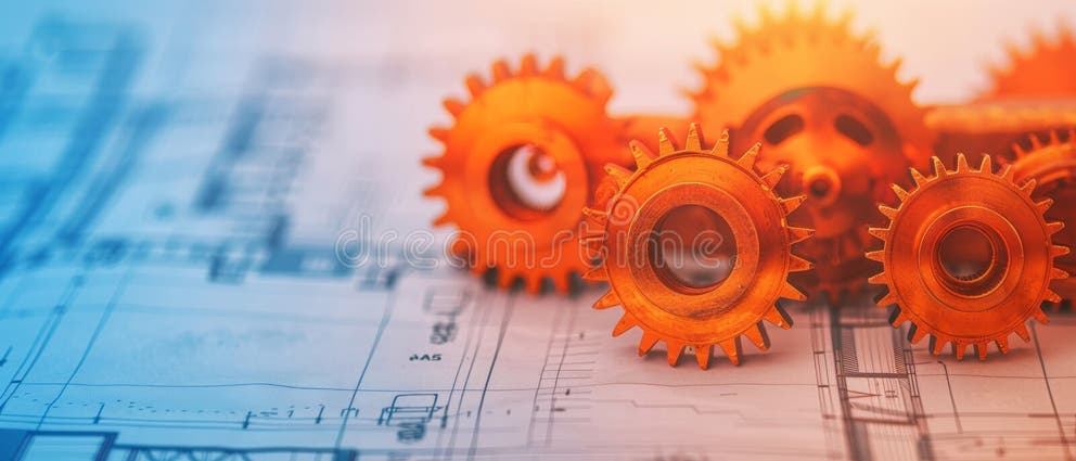 Interlocking Metal Cogs on Blueprint with Warm Light Engineering and ...