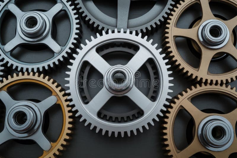 Interlocking Metal Gears Working Together in a Complex System Stock ...