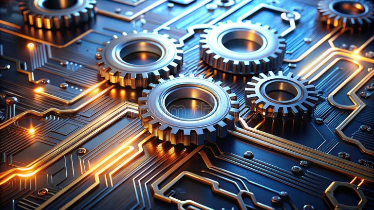 Interlocking Metallic Gears on a Circuit Board Illustrating ...