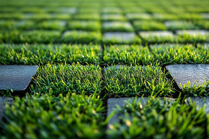 Interlocking Paving Stone Blocks & Lush Green Grass Creating Textural ...