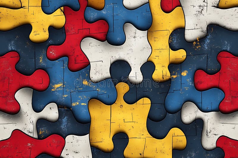 Interlocking Puzzle Pieces Blue, Red, Yellow, White Textured, Complex ...