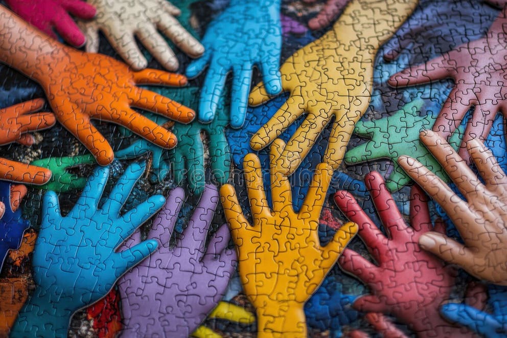 Interlocking Puzzle Pieces Forming Colorful Hands Symbolize Unity ...