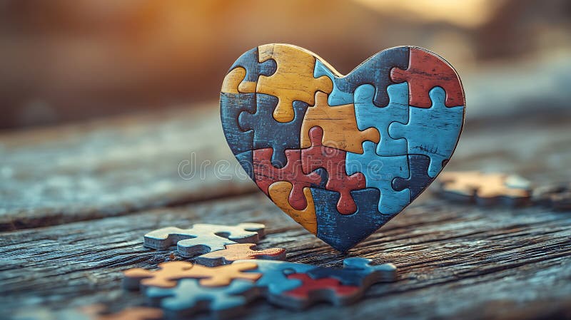 Interlocking Puzzle Pieces Forming Heart on Wooden Surface, Symbolizing ...