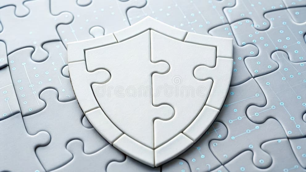 Interlocking Puzzle Pieces Forming a White Shield Representing Security ...
