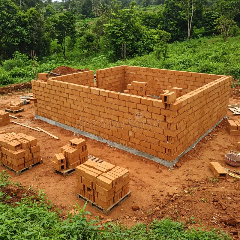 Interlocking Red Bricks Form the Walls of a Building Under Construction ...
