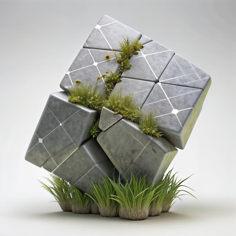 Interlocking Stone Cubes with Geometric Pattern and Grass Stock ...
