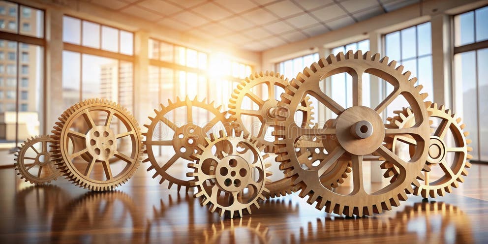 Interlocking Wooden Gears Reflecting on Polished Surface, Symbolizing ...