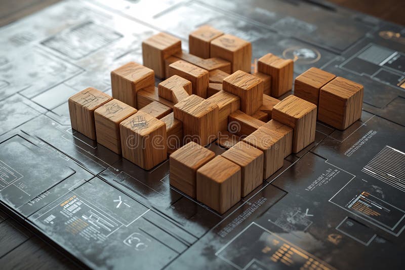 Interlocking Wooden Puzzle Blocks Arranged in Futuristic Metallic Map ...