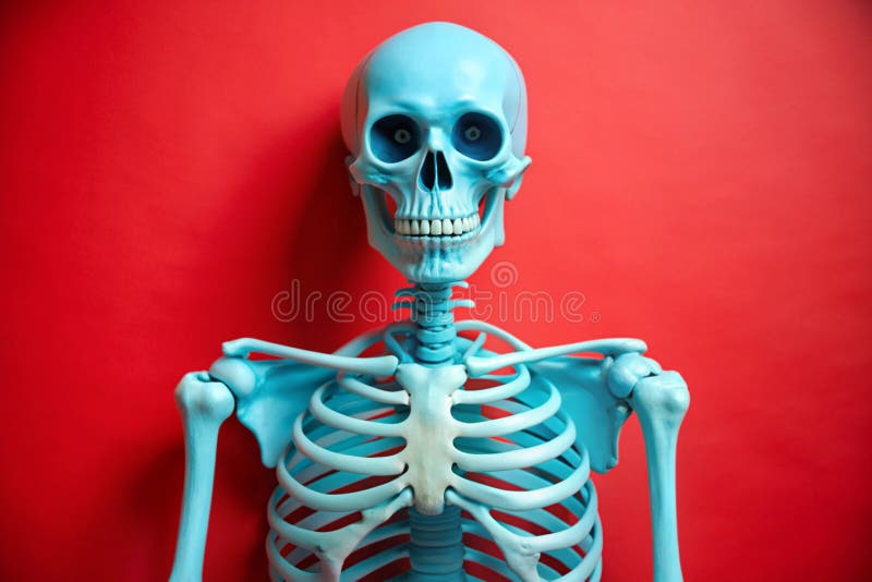 Cool Poisonous Smiling Blue Scary Skeleton Portrait on Red Stock ...