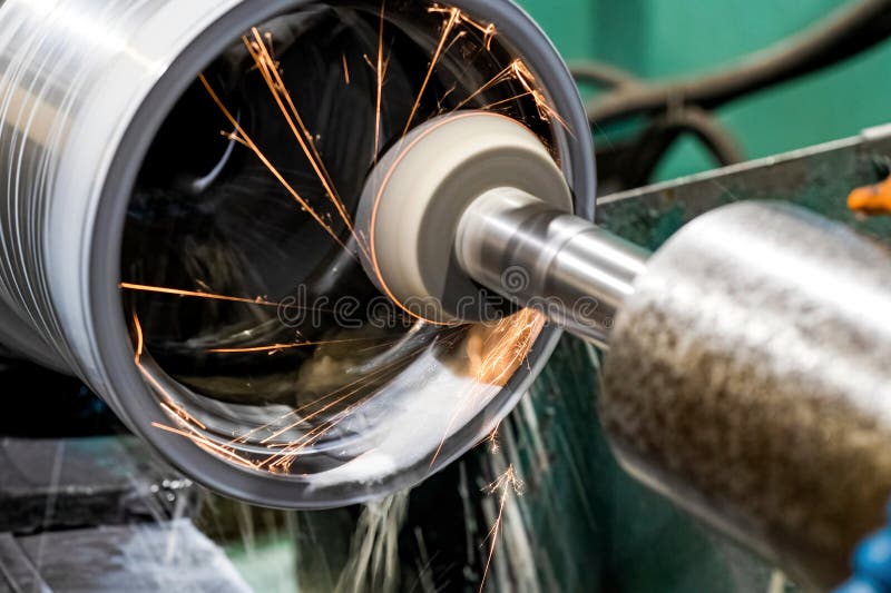Internal Grinding of the Workpiece on the Machine, Sparks and Coolant ...