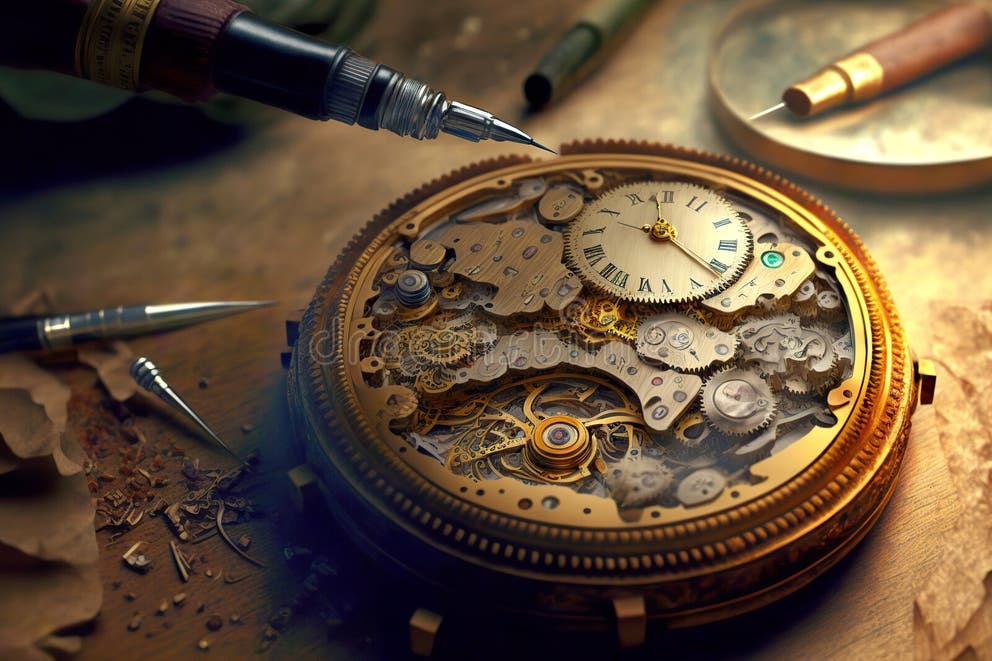 Internal Movement and Clockwork with Small Dial for Repair on Table Stock Illustration ...