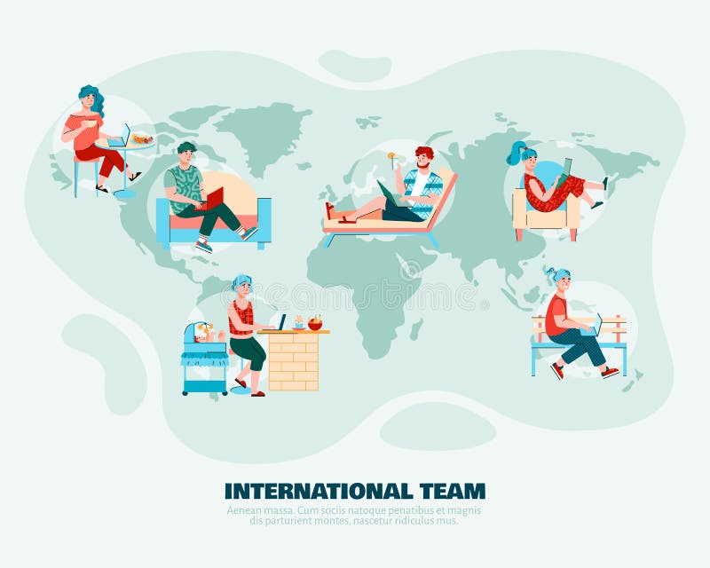 Internatioanal Team Remote Work, Flat Cartoon Vector Illustration ...
