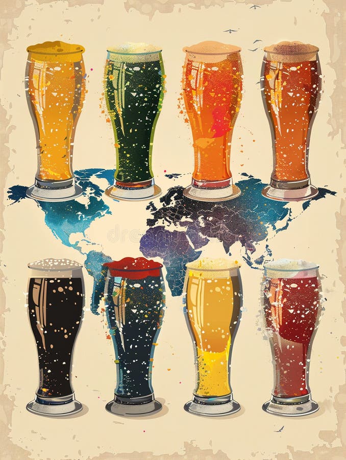 International Beer Varieties, Flat Design, Top View, World Map Theme ...
