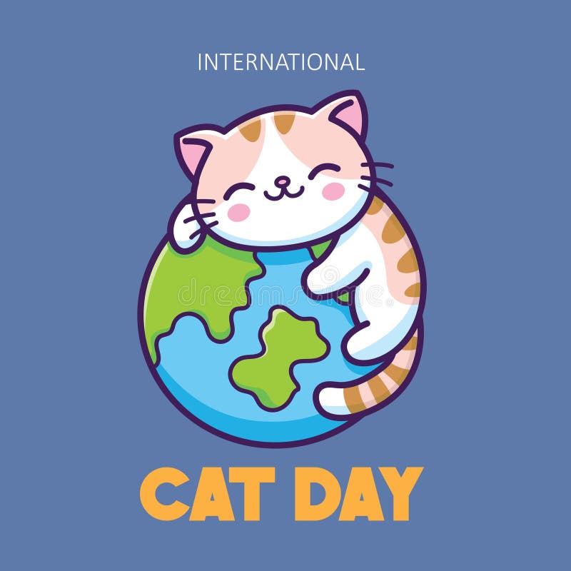 International Cat Day. Cute Cat on the Globe Stock Vector ...