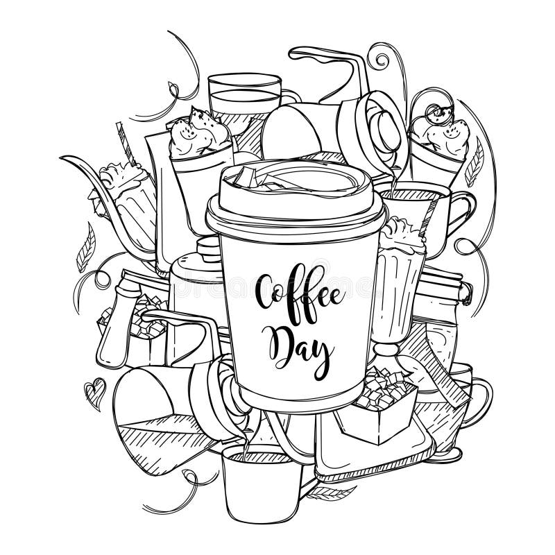 International Coffee Day Campaign in Doodle Art of Coffee Design Stock ...