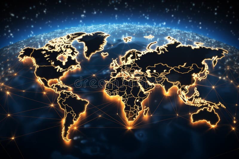 International Communication Concept Glowing World Map in 3D Rendering ...