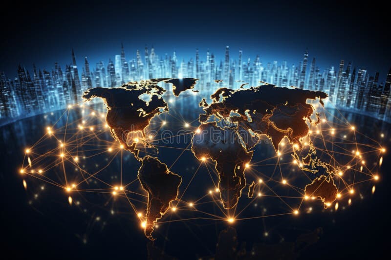 International Communication Concept Glowing World Map in 3D Rendering ...